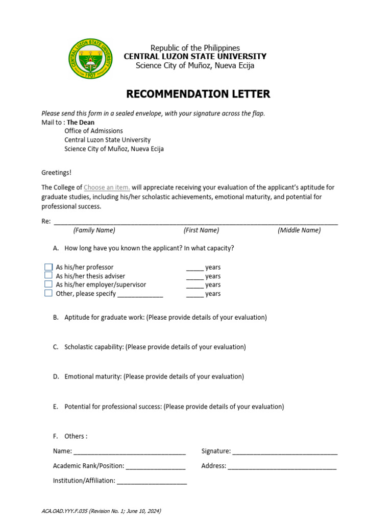 ACA - OAD.YYY.F.035 Recommendation Letter (Revision No. 1 June 10 2024) | PDF