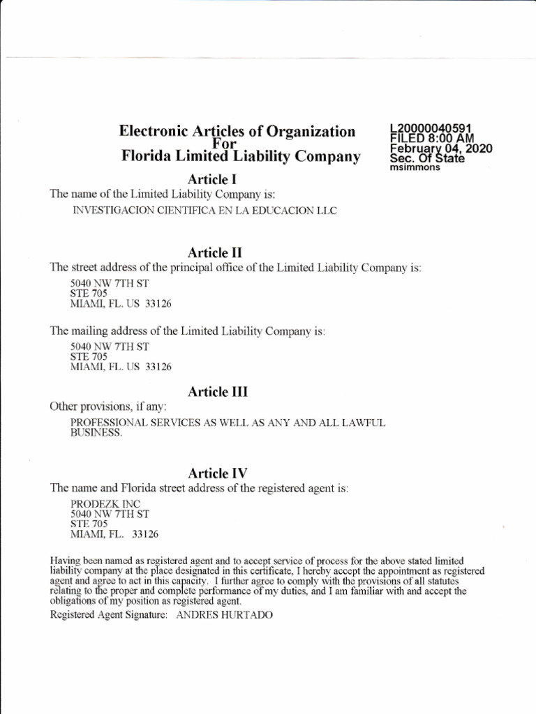 Electronic Articles of Organization For Florida LLC. | PDF | Limited Liability Company ...