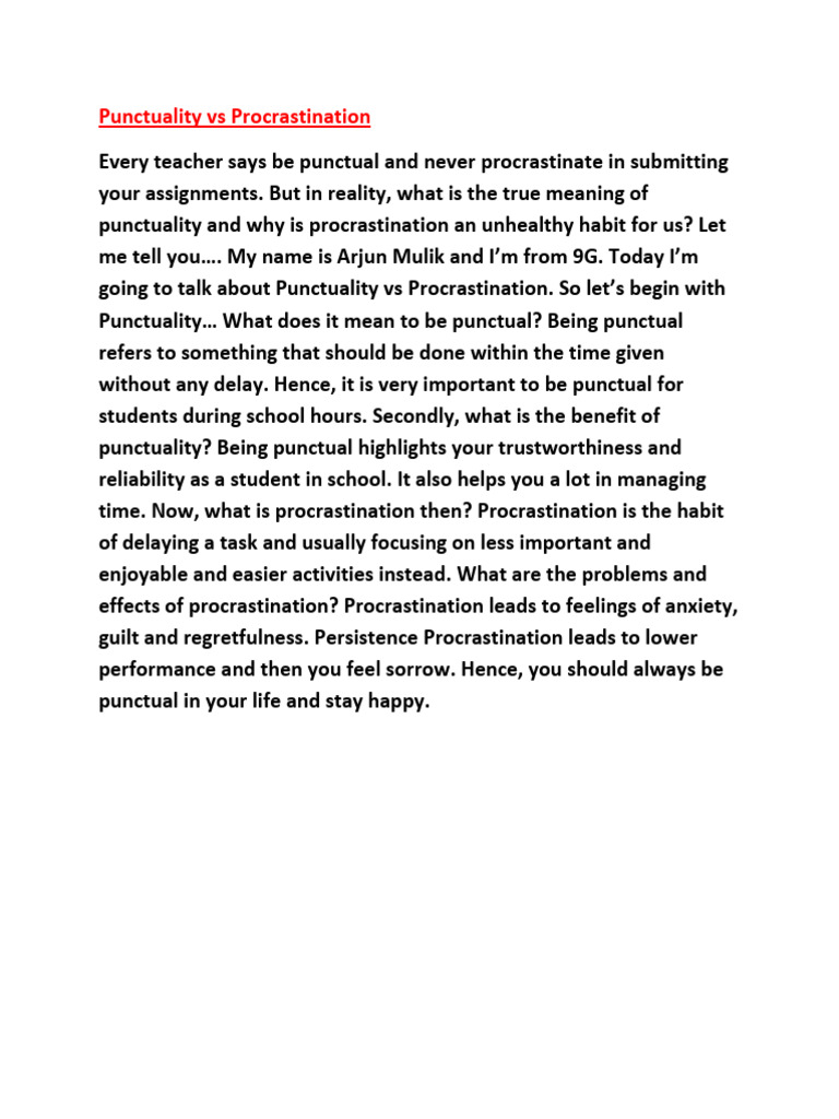 Punctuality Vs Procrastination Speaking Assessment | PDF