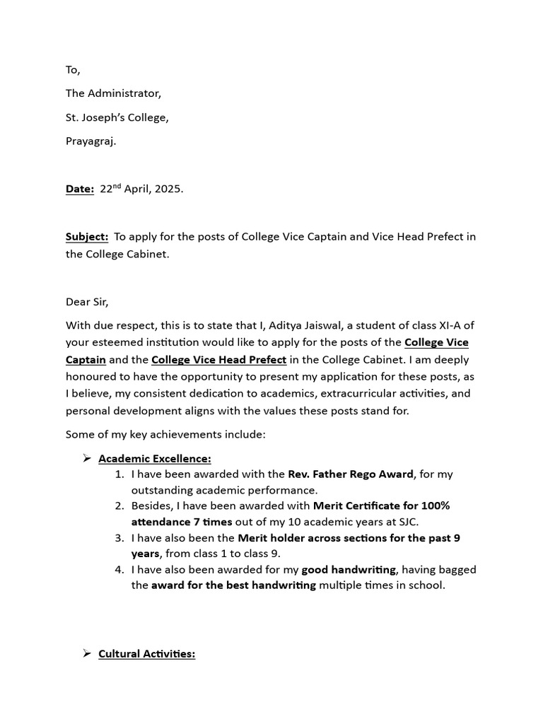 SJC Vice Captain Application 2025-26 | PDF