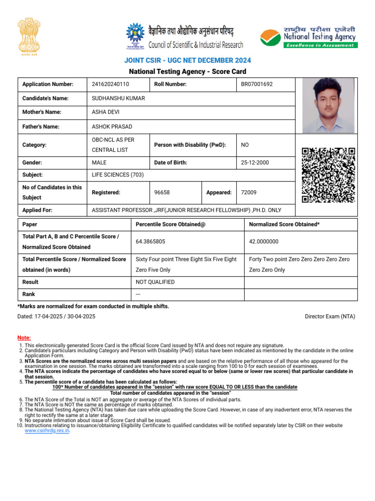 CSIR NET December 2024 Score Card | PDF | Qualifications | Tests