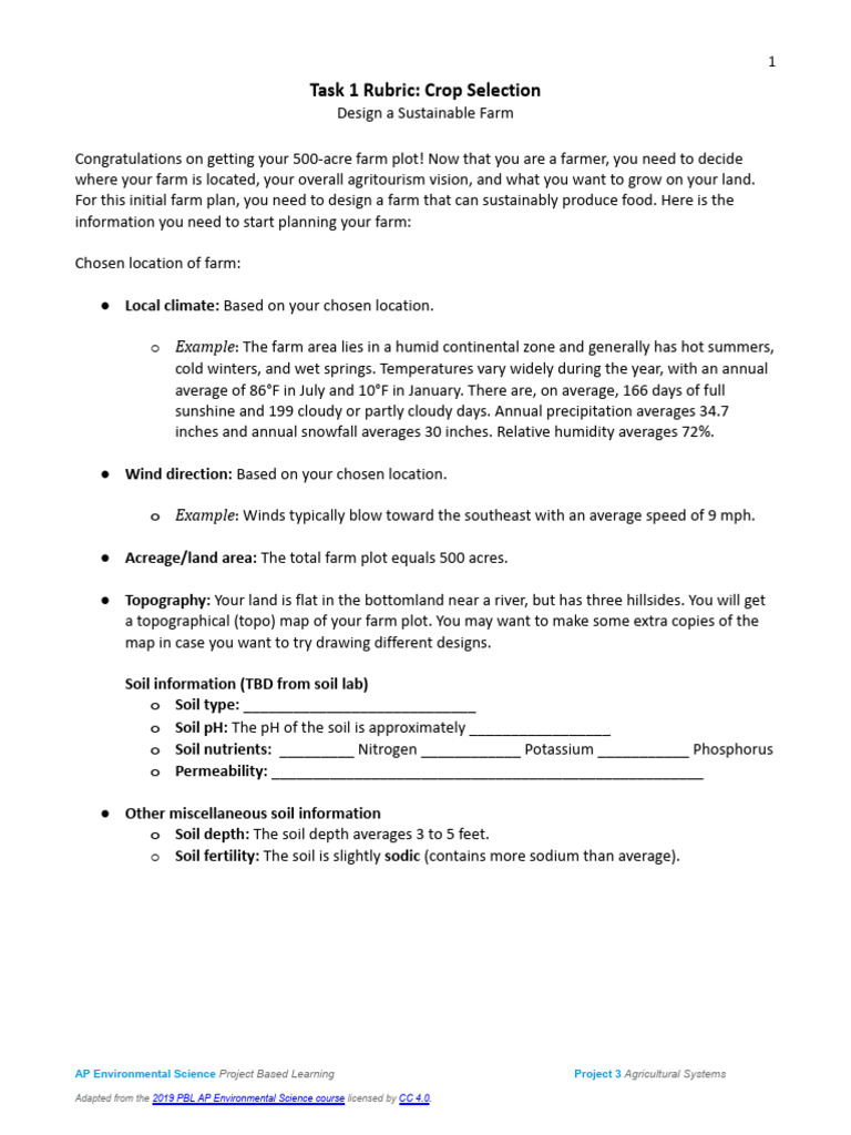 Task 1 Description and Rubric - Crop Selection | PDF | Fertilizer | Soil