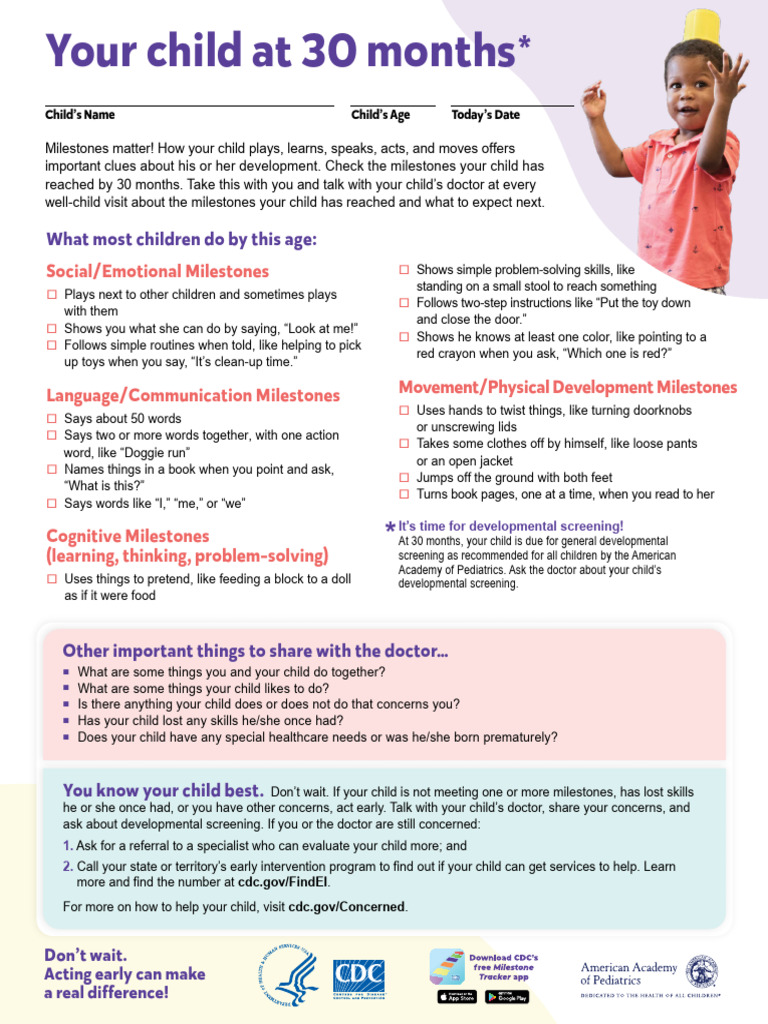 Eng. 30 Mo. Milestone Moments Checklist 2021 P | PDF | Behavioural ...