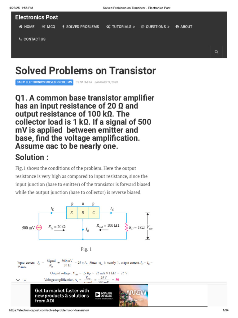 Solved Problems On Transistor | PDF | Amplifier | Transistor