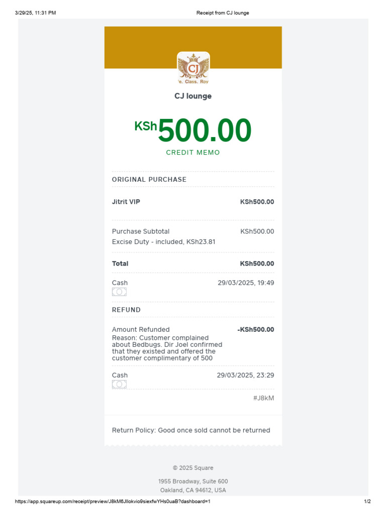 Receipt from CJ lounge - credit for VIP | PDF