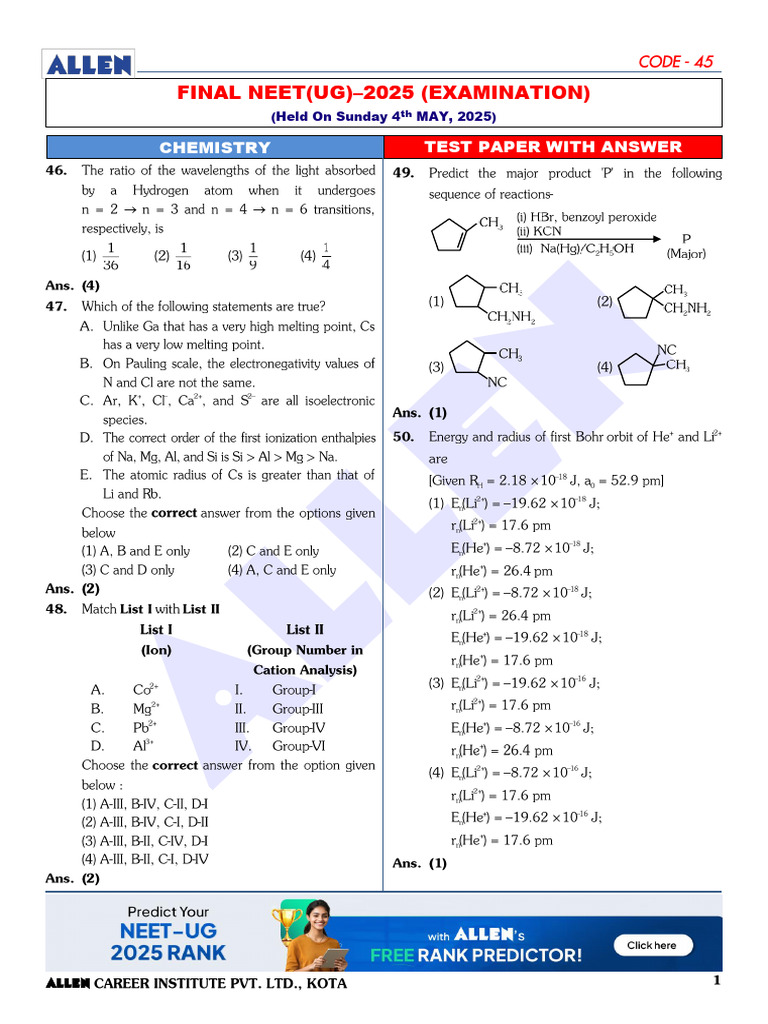 Neet 2025 Chemistry Question Paper Set 45 | PDF