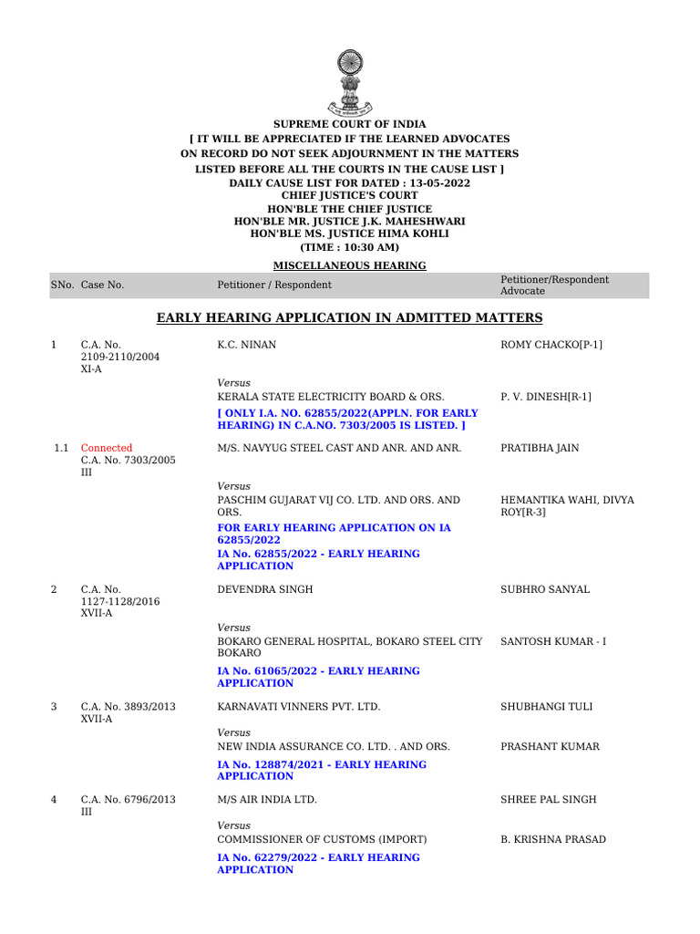 Early Hearing Application in Admitted Matters: Versus | PDF | Government Of India