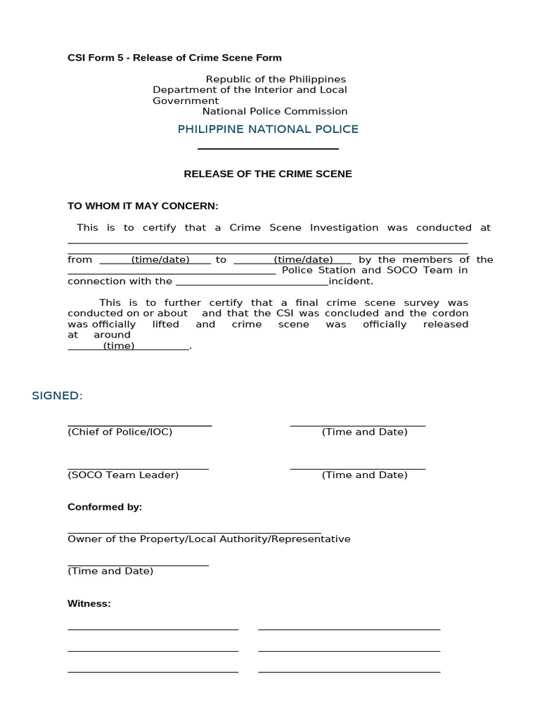 Crime Scene Release Form - Philippines | PDF