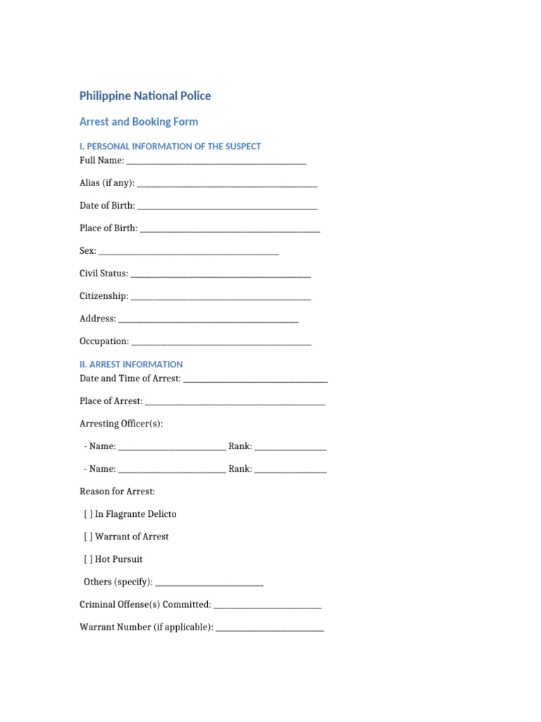 PNP Arrest and Booking Form | PDF