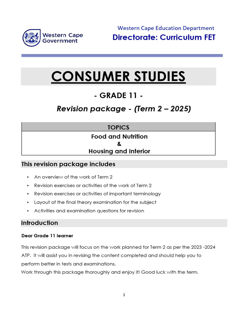 Grade 11 Consumer Studies Term 2 Revision | PDF | Nutrients | Foods