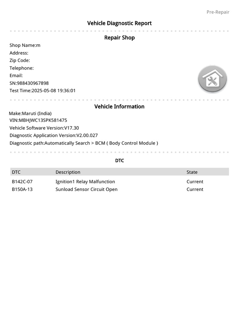 Maruti B150A-13 Diagnostic Report | PDF