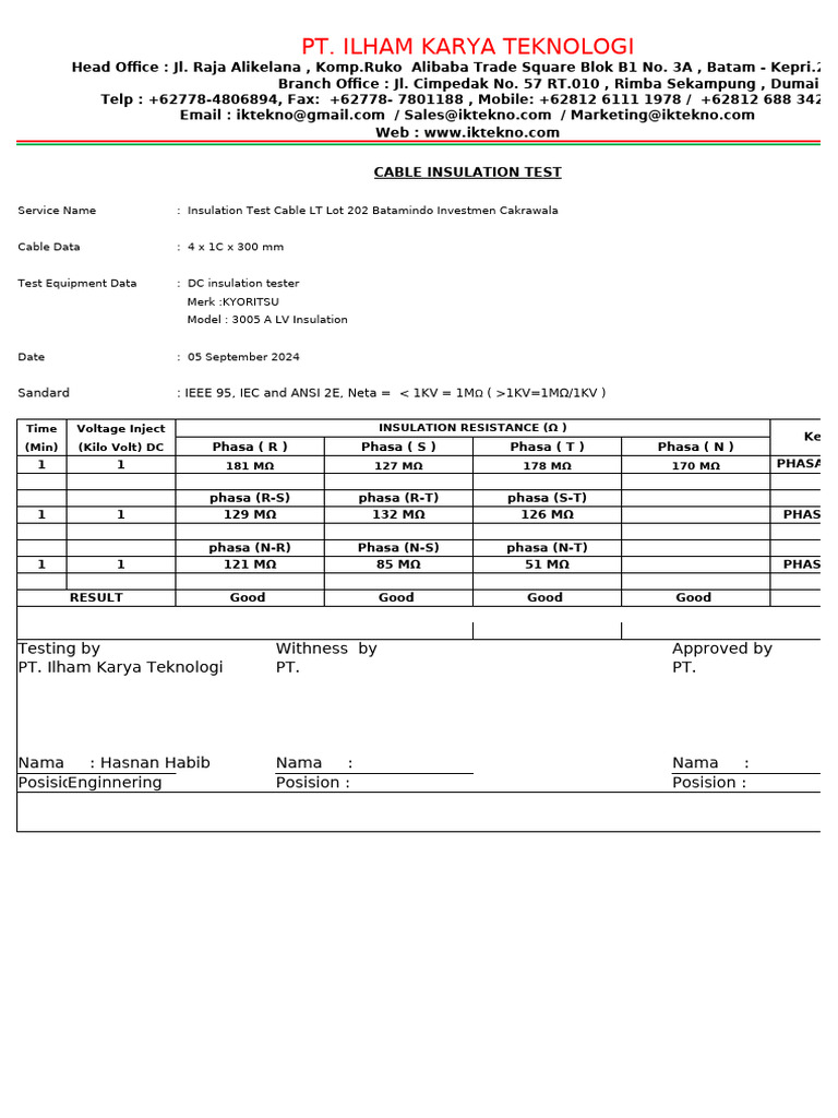 Cable Insulation Test Report | PDF | Electric Power | Electromagnetism