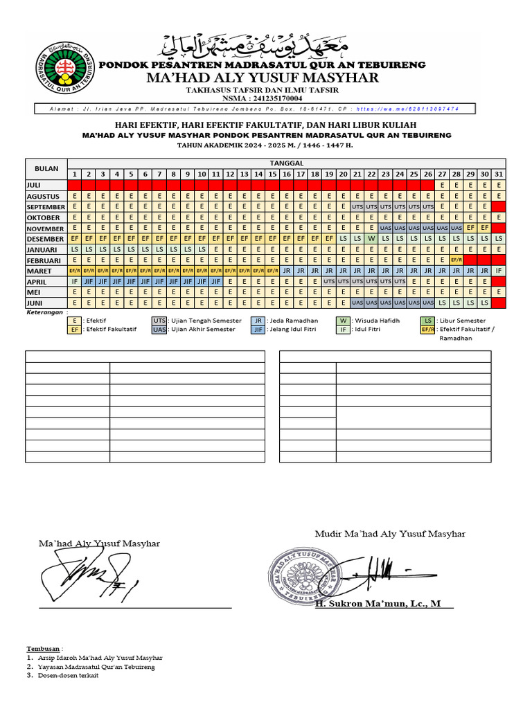 Kalender Akademik Ma'had Aly Yusuf Masyhar 2025 | PDF