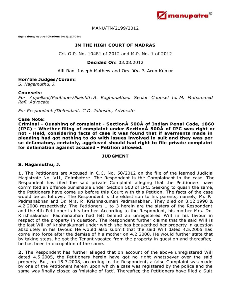 Alli Rani Joseph Mathew and Ors Vs P Arun Kumar T121970COM107857 | PDF ...