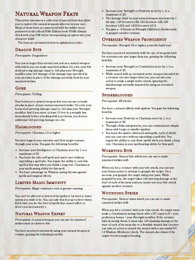 DMDave - Natural Weapon Feats | PDF | Fantasy Games | Gaming