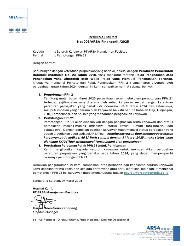 Internal Memo - Pemotongan PPH 21.Docx_signed | PDF