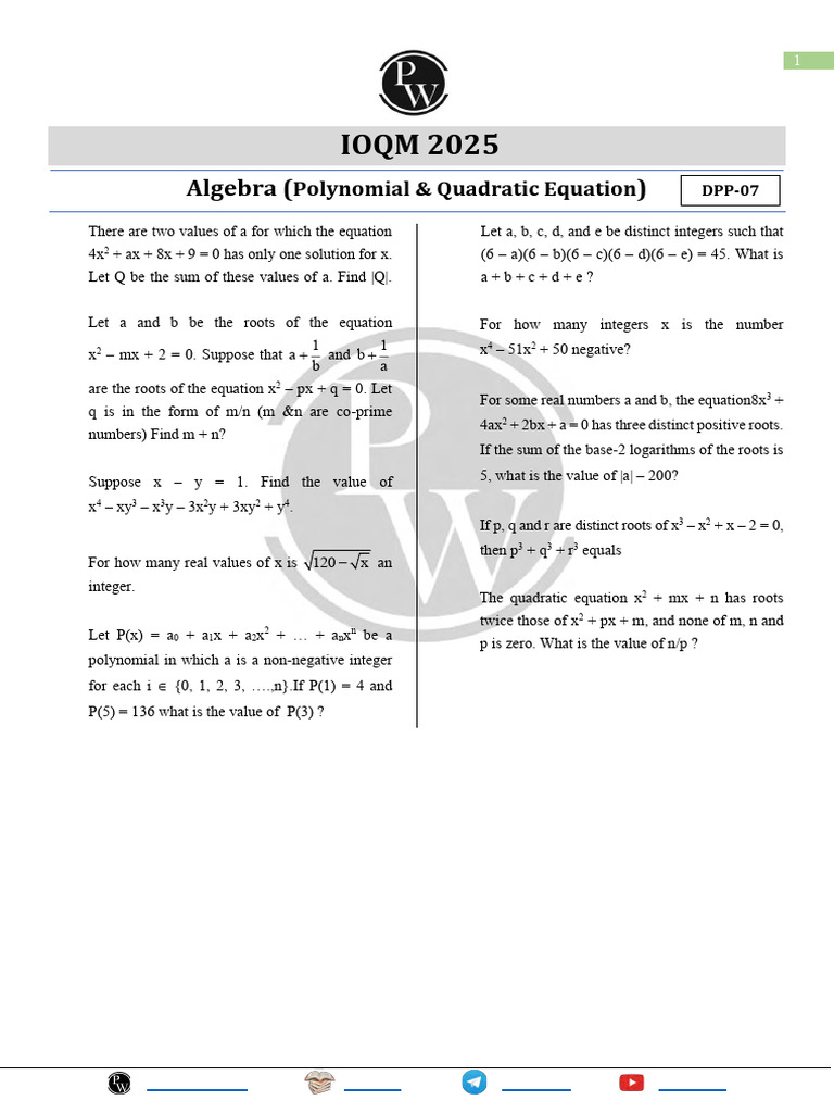 147) Algebra (Polynomial and Quadratic Equation) DPP 07 | PDF | Arithmetic | Number Theory