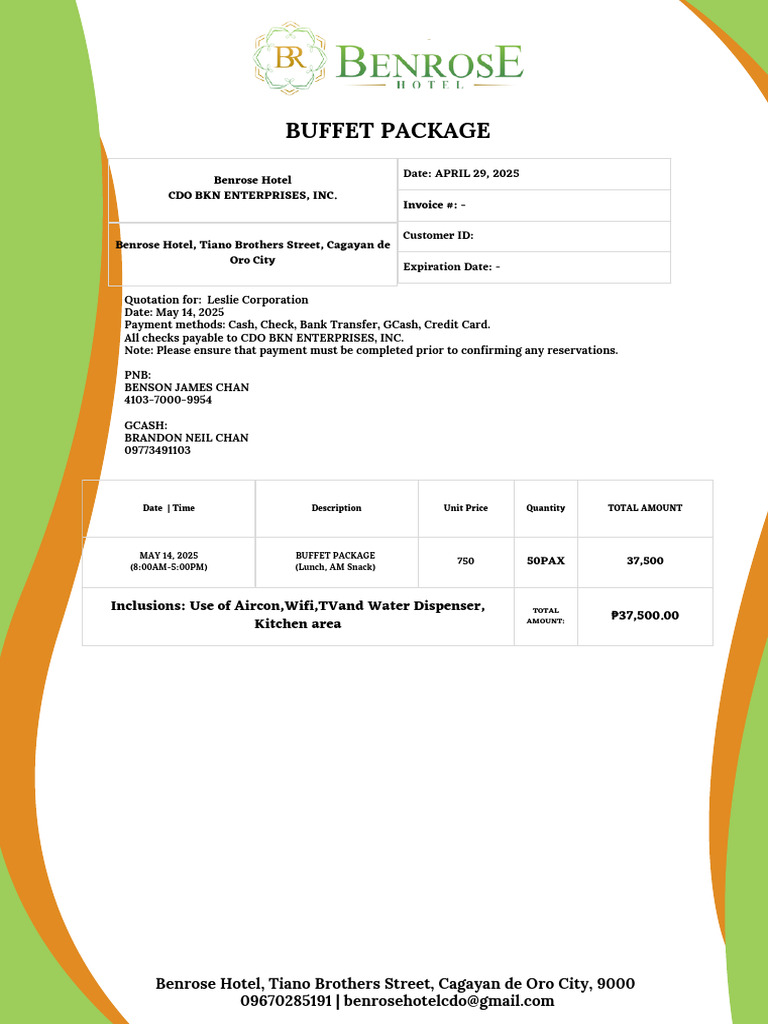 Quotation For Function Room (Sample) | PDF