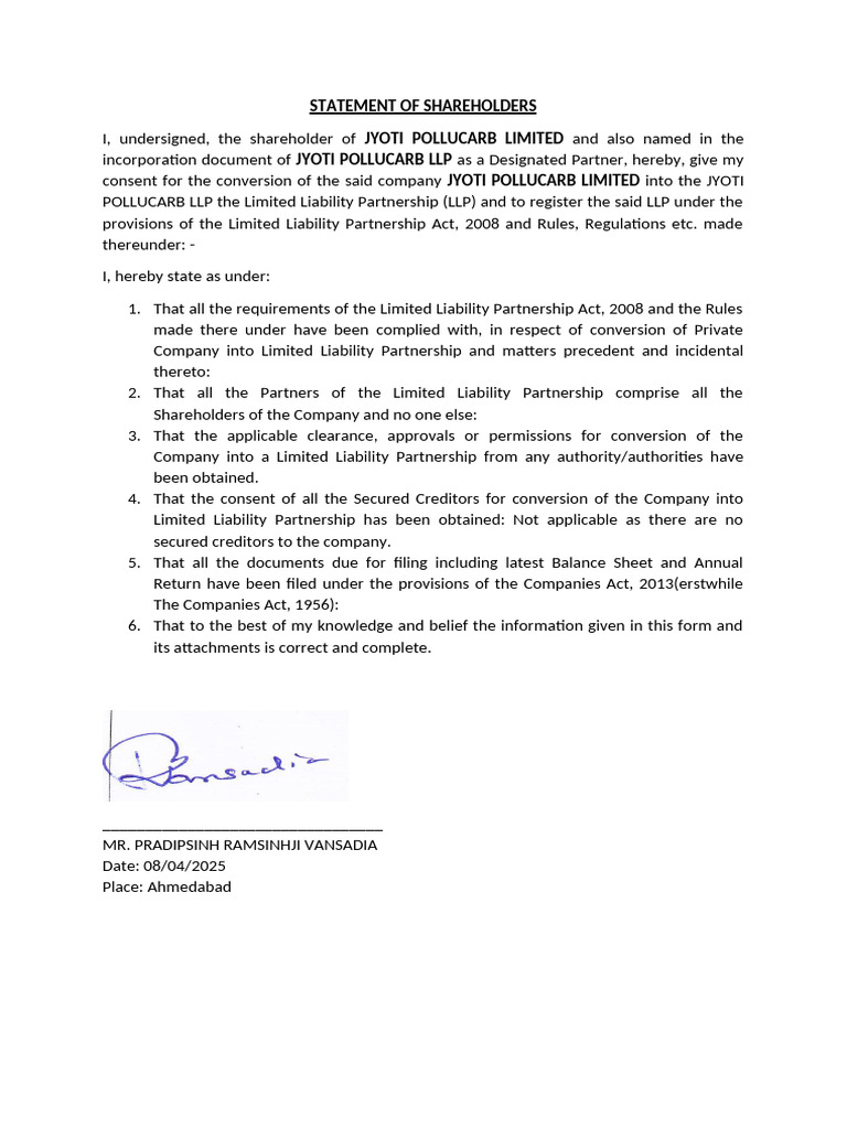 Statement of Shareholders | PDF | Limited Liability Partnership ...