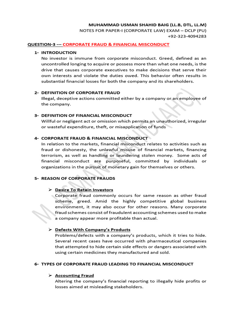 NOTES PAPER III - Topic Corporate Fraud & Financial Misconduct (DCLP ...