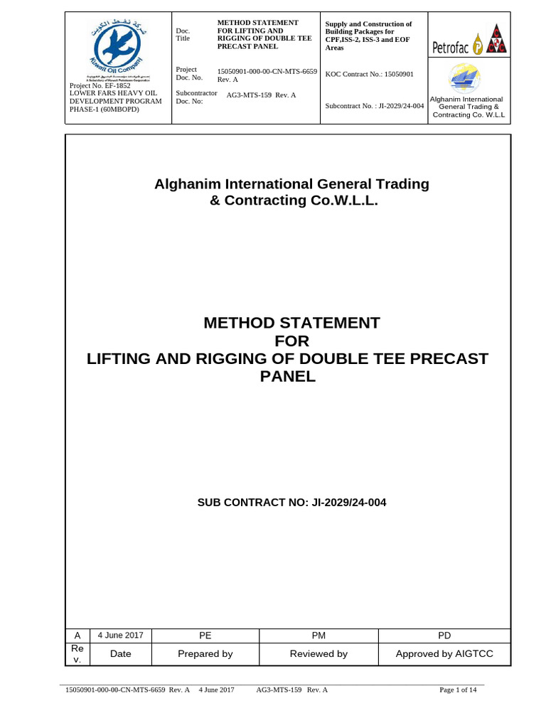 MS For LIFTING AND RIGGING OF DOUBLE TEE PRECAST PANEL - AG3 | PDF | Subcontractor | Surveying