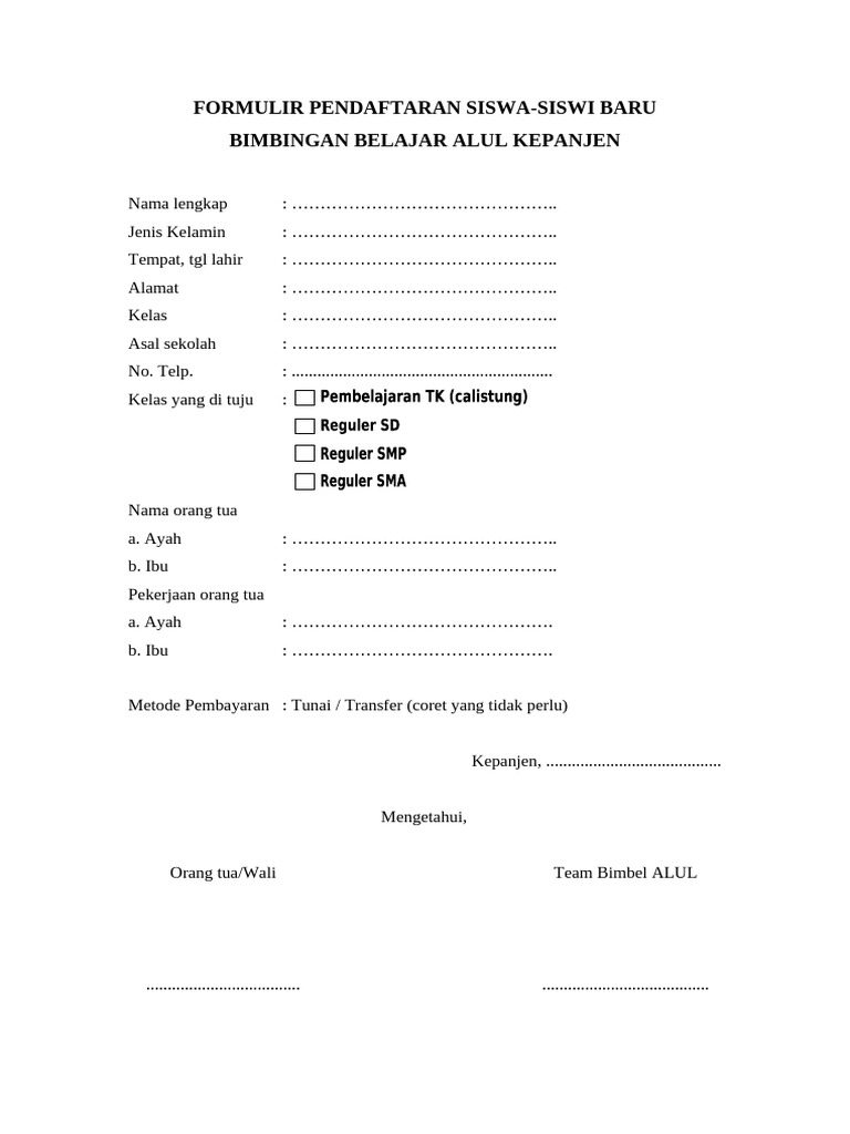 Formulir Pendaftaran Bimbel ALUL | PDF