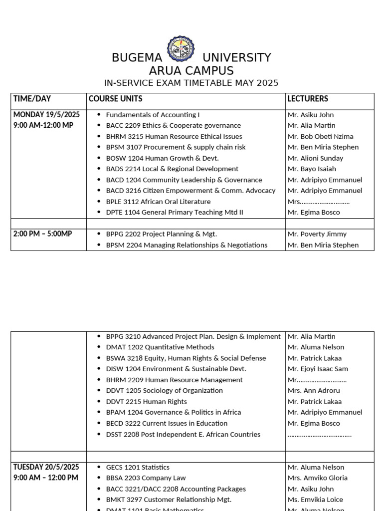 Inservice Exam Timetable May 2025 | PDF | Liberal Arts Education