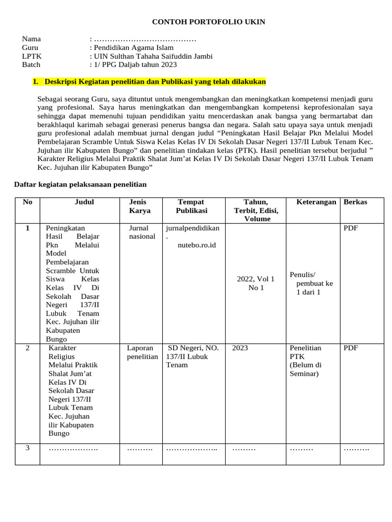 Contoh Portofolio Ukin PPG 2023 | PDF