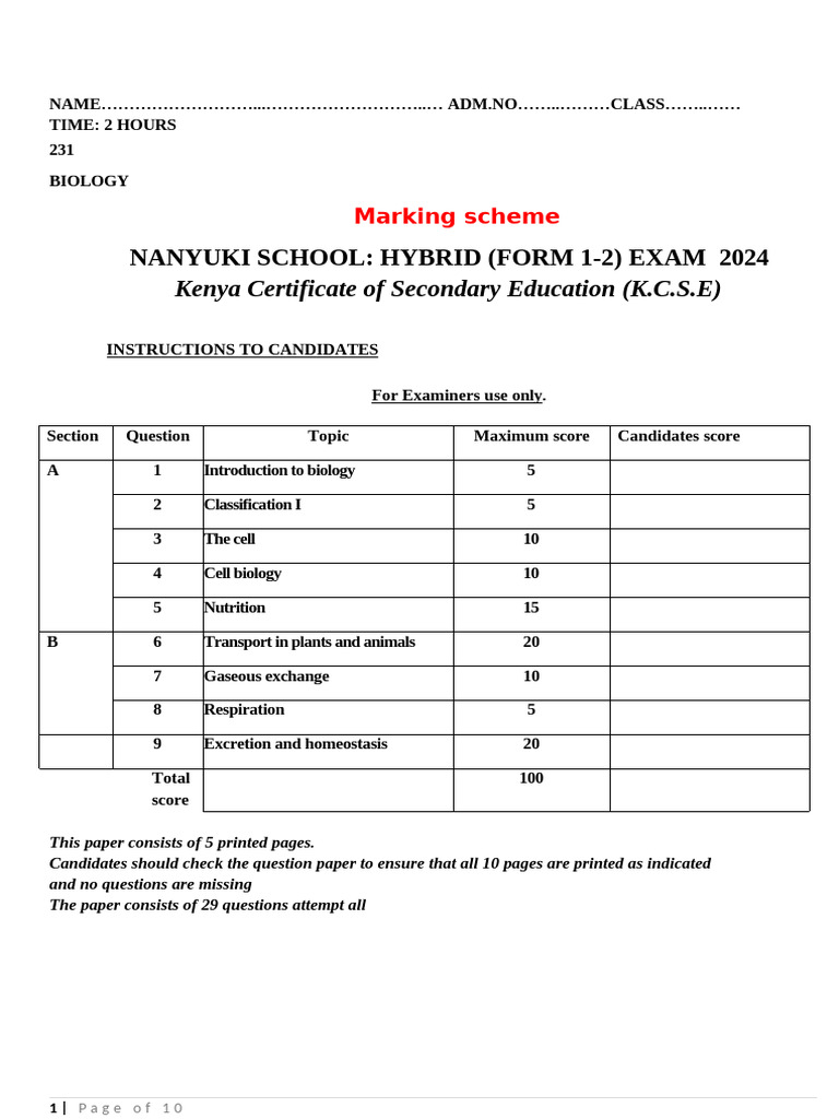 Bio Form 4 Hybrid Exam Term Iii 2024 F1-2 MKS | PDF | Liver ...