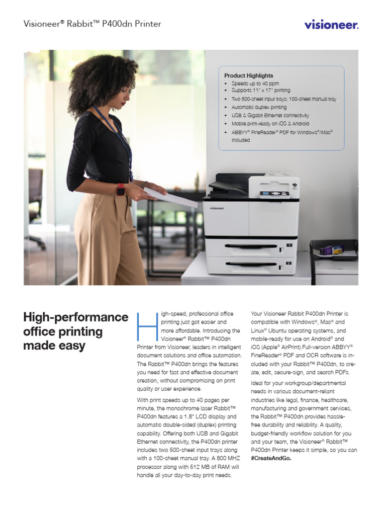 Visioneer P400dn Datasheet - en | PDF | Printer (Computing) | Computing