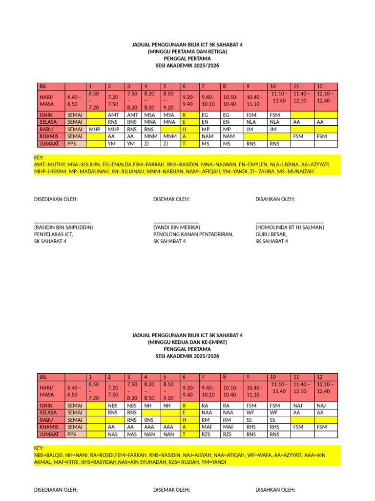 Jadual Penggunaan Bilik Ict SK Sahabat 4 | PDF