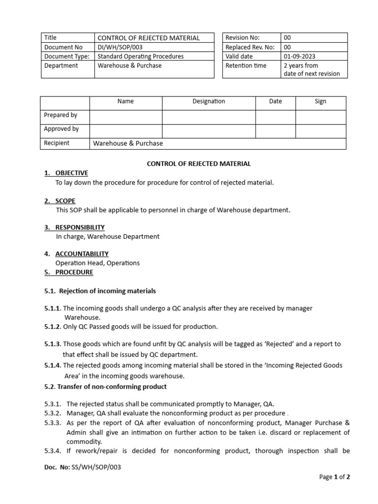 Rejected Material Control Procedure | PDF