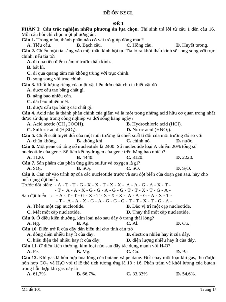 Đề Ôn KSCL KHTN | PDF