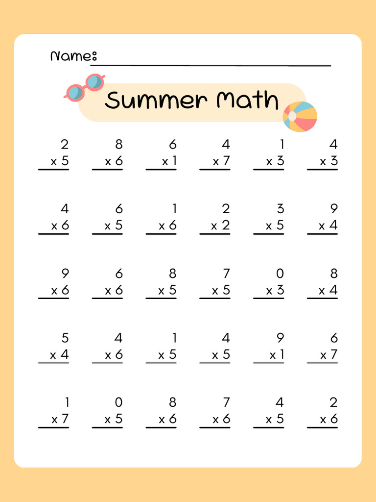 Summer Math Multiplication Worksheet in Yellow and White Simple Style | PDF