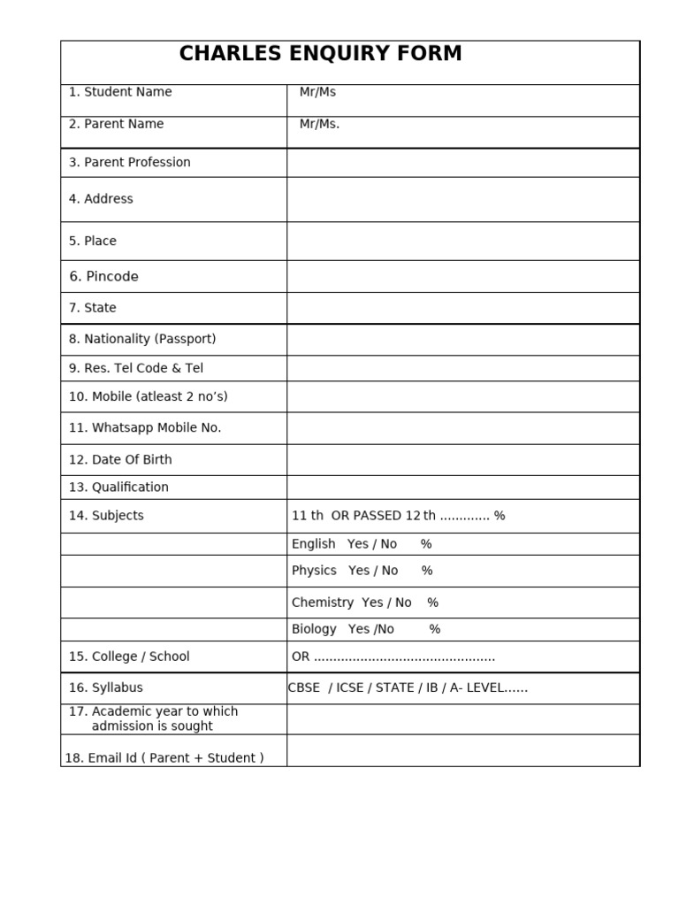 Enquiry Form Format-2 | PDF