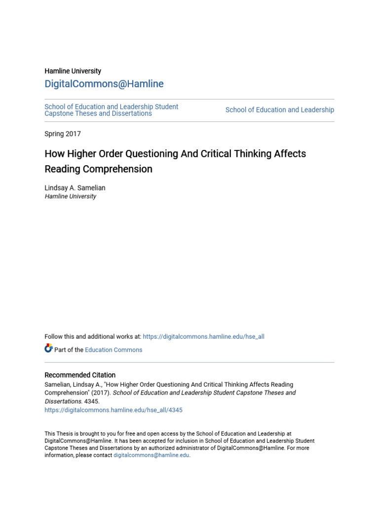 How Higher Order Questioning and Critical Thinking Affects Readin-1 ...