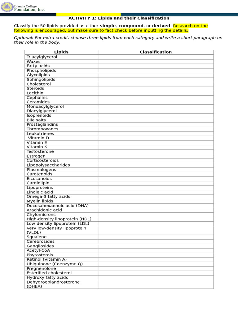 Biochem Lipids A1 | PDF