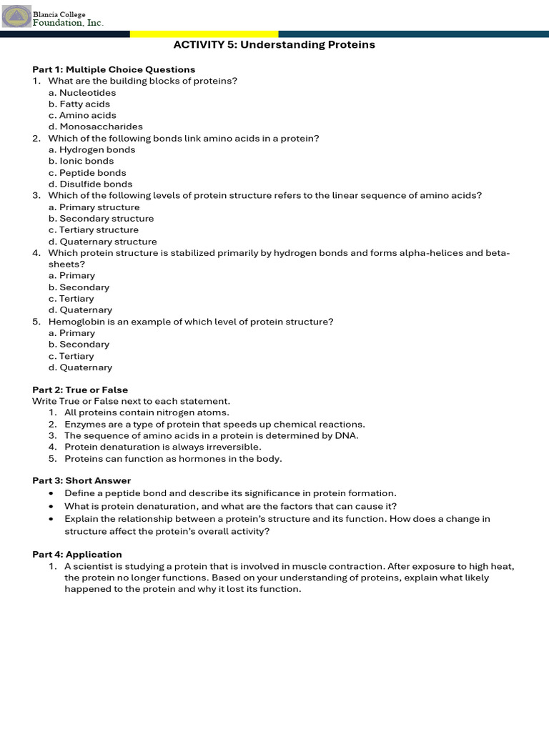 Biochem Proteins Worksheets | PDF
