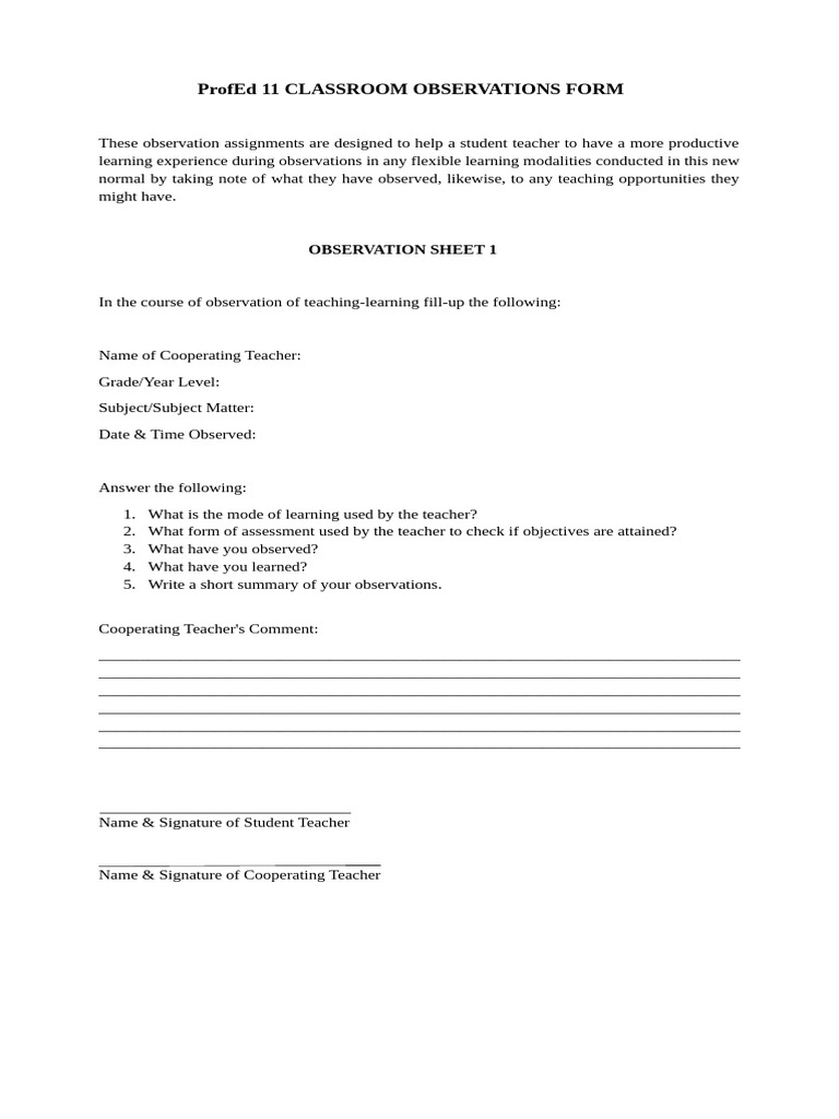 Classroom Observation Forms for Teachers | PDF