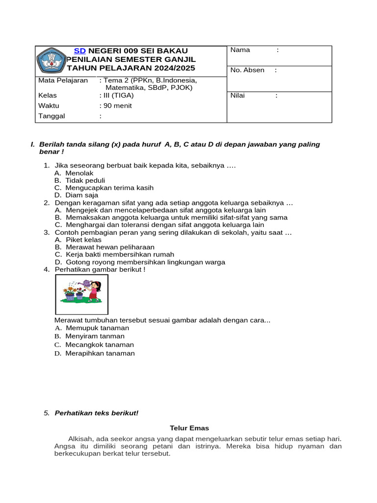 Soal Pas Kelas 3 Tema 2 | PDF