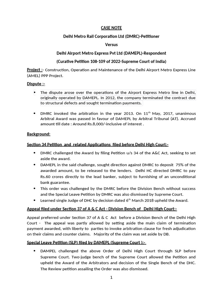 CASE NOTE DMRC Vs DAMPL (Reliance Infra) Curative Petition | PDF ...