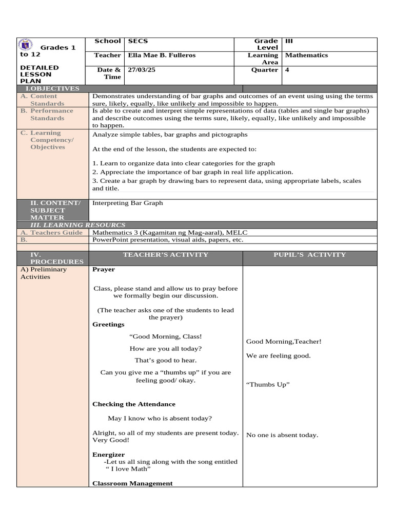 Grade 3-Math DLP (Interpreting Bar Graph) | PDF | Data | Cognition