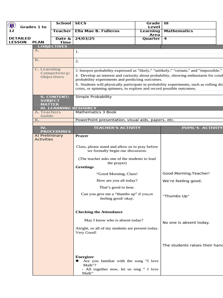 GRADE 3-MATH DLP (Simple Probability) | PDF | Probability