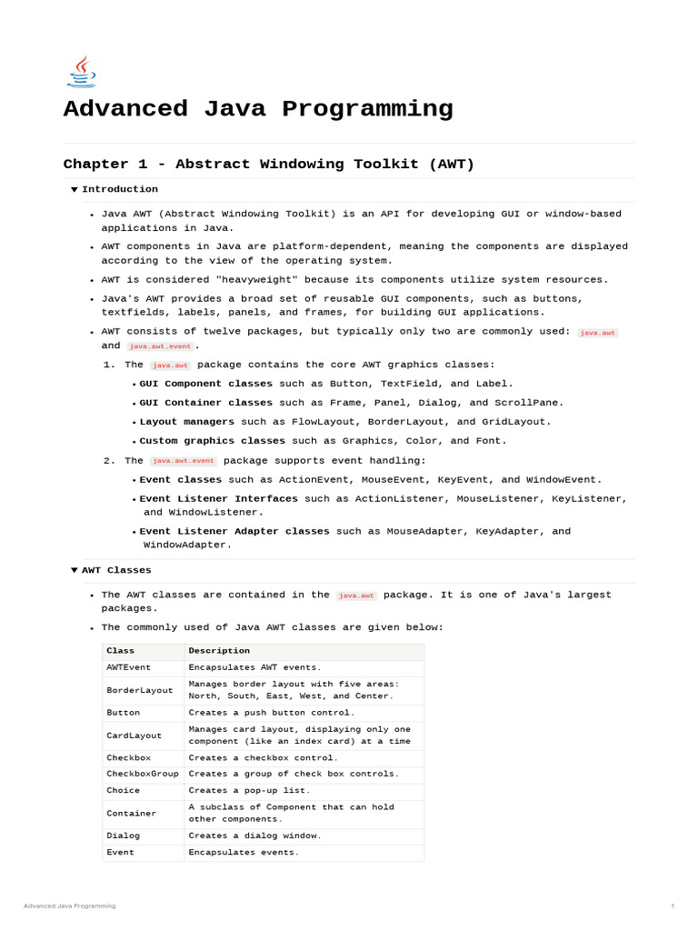 Advanced Java Programming: Chapter 1 - Abstract Windowing Toolkit (AWT) | PDF | Computer ...