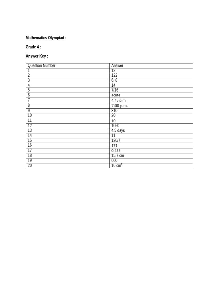 Grade 4 Math Olympiad Answer Key | PDF