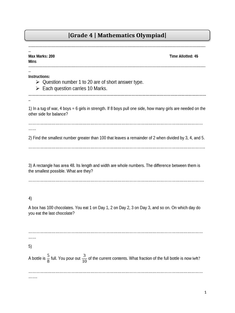 G 4 Olympiad Question Paper | PDF