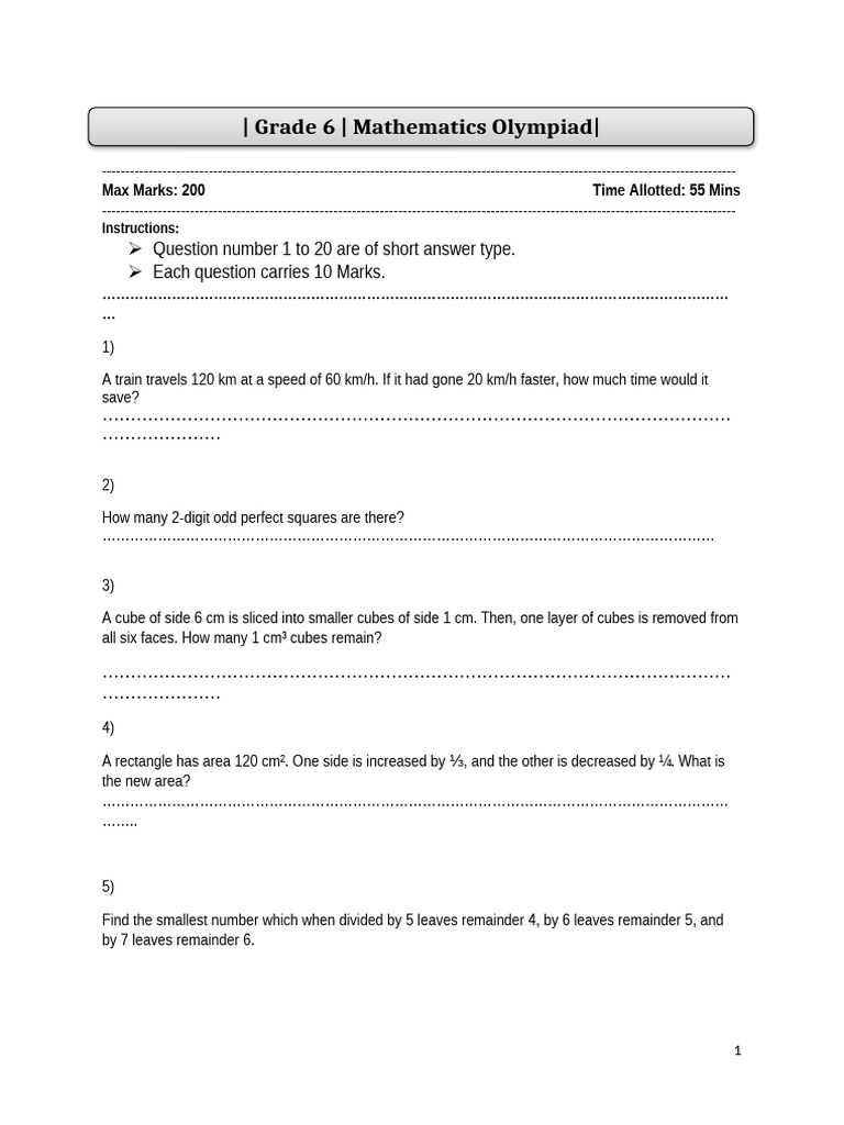 G 6 Olympiad Question Paper | PDF | Numbers | Elementary Mathematics