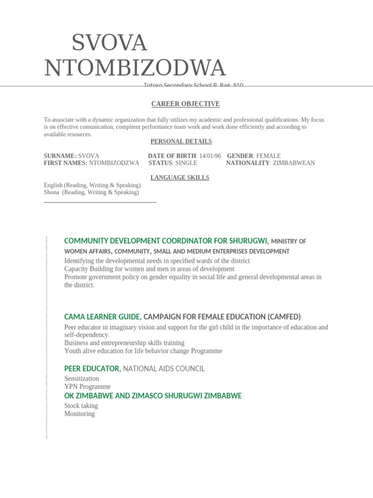 CV For Svova Ntombizodzwa | PDF