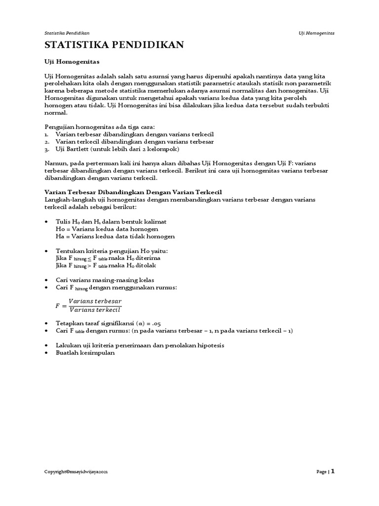 Uji Homogenitas (Statistika Pendidikan Uin Ril) | PDF