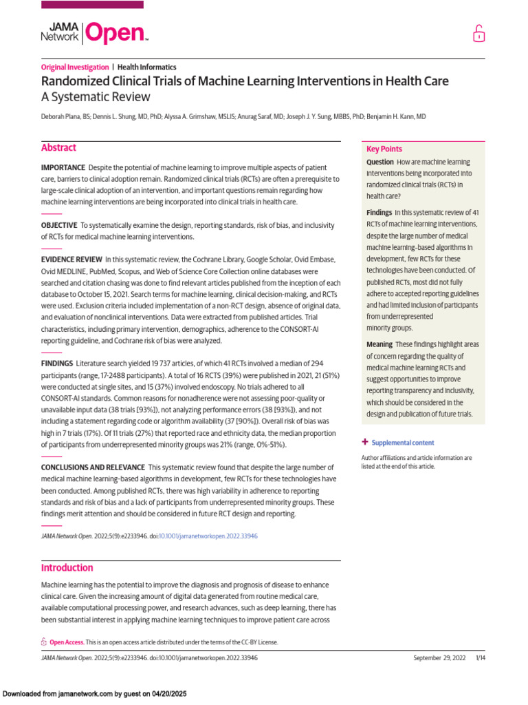 Randomized Clinical Trials of Machine Learning Interventions in Health Care A Systematic Review ...